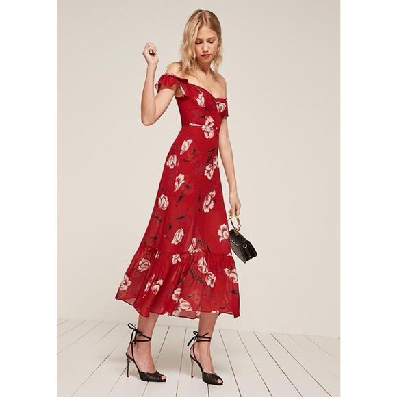 Reformation | Dresses | Reformation Red Floral Off Shoulder Tropica ...